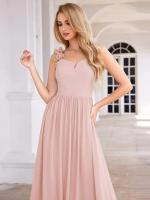 China Elegant V-neck Floral Strap Empire A-line Waist Pink Chiffon Bridesmaid Dress for sale