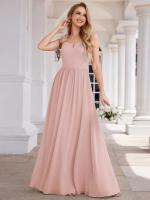 China Elegant V-neck Floral Strap Empire A-line Waist Pink Chiffon Bridesmaid Dress for sale