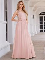 China Elegant V-neck Floral Strap Empire A-line Waist Pink Chiffon Bridesmaid Dress for sale