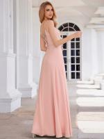 China Chic V-neck Pleated Sleeveless Backless A-line Empire Spaghetti Strap Applique Waist Pink Chiffon Prom Dress for sale