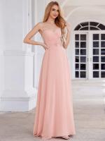 China Chic V-neck Pleated Sleeveless Backless A-line Empire Spaghetti Strap Applique Waist Pink Chiffon Prom Dress for sale