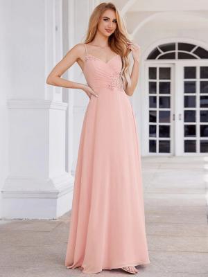 China Chic V-neck Pleated Sleeveless Backless A-line Empire Spaghetti Strap Applique Waist Pink Chiffon Prom Dress for sale