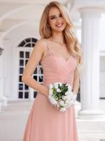 China Chic V-neck Pleated Sleeveless Backless A-line Empire Spaghetti Strap Applique Waist Pink Chiffon Prom Dress for sale