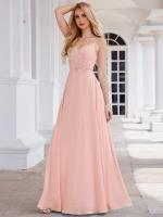 China Chic V-neck Pleated Sleeveless Backless A-line Empire Spaghetti Strap Applique Waist Pink Chiffon Prom Dress for sale