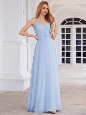 China Chic V-neck Pleated Sleeveless Backless A-line Empire Spaghetti Strap Applique Waist Ice Blue Chiffon Evening Dress for sale