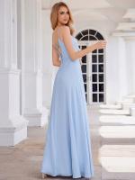 China Chic V-neck Pleated Sleeveless Backless A-line Empire Spaghetti Strap Applique Waist Ice Blue Chiffon Evening Dress for sale