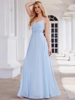 China Chic V-neck Pleated Sleeveless Backless A-line Empire Spaghetti Strap Applique Waist Ice Blue Chiffon Evening Dress for sale