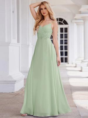 China Chic V-neck Pleated Sleeveless Backless A-line Empire Spaghetti Strap Applique Waist Mint Green Chiffon Bridesmaid Dress for sale