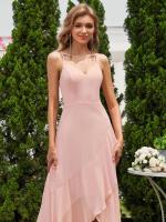 China Chic Sleeveless V-neck Spaghetti Strap A-line Pink Chiffon Bridesmaid Dress With Lotus Leaf for sale