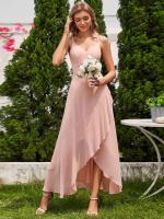 China Chic Sleeveless V-neck Spaghetti Strap A-line Pink Chiffon Bridesmaid Dress With Lotus Leaf for sale