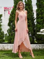 China Chic Sleeveless V-neck Spaghetti Strap A-line Pink Chiffon Bridesmaid Dress With Lotus Leaf for sale