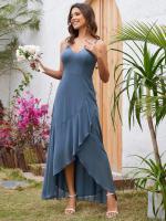 China Chic Sleeveless V-neck Spaghetti Strap A-line Pink Chiffon Bridesmaid Dress With Lotus Leaf for sale