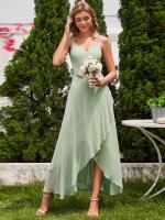 China Sexy Sleeveless V-neck Spaghetti Strap A-line Mint Green Chiffon Evening Dress With Lotus Leaf for sale