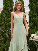 China Sexy Sleeveless V-neck Spaghetti Strap A-line Mint Green Chiffon Evening Dress With Lotus Leaf for sale