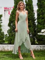 China Sexy Sleeveless V-neck Spaghetti Strap A-line Mint Green Chiffon Evening Dress With Lotus Leaf for sale