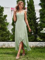 China Sexy Sleeveless V-neck Spaghetti Strap A-line Mint Green Chiffon Evening Dress With Lotus Leaf for sale