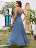 China Beautiful Sleeveless V-neck Spaghetti Strap A-line Dusty Navy Chiffon Prom Dress With Lotus Leaf for sale