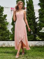 China Beautiful Sleeveless V-neck Spaghetti Strap A-line Dusty Navy Chiffon Prom Dress With Lotus Leaf for sale