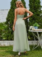 China Beautiful Sleeveless V-neck Spaghetti Strap A-line Dusty Navy Chiffon Prom Dress With Lotus Leaf for sale