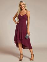 China Elegant V-neck Spaghetti Strap Empire A-line High-low Chiffon Wedding Guest Dress Midi Pink Bridesmaid Dress for sale
