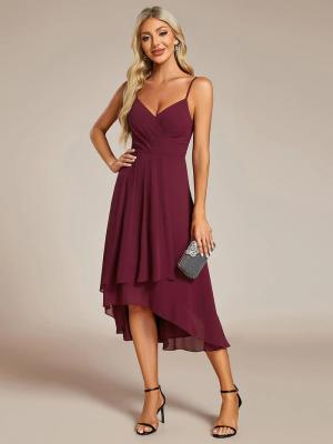 China Sexy V-neck Spaghetti Strap Empire A-line High-low Burgundy Chiffon Wedding Guest Dress Midi Evening Dress for sale