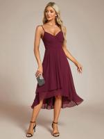 China Sexy V-neck Spaghetti Strap Empire A-line High-low Burgundy Chiffon Wedding Guest Dress Midi Evening Dress for sale