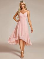 China Popular V-neck Spaghetti Strap Empire A-line High-low Chiffon Wedding Guest Dress White Midi Prom Dress for sale
