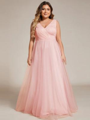 China Elegant V-neck Sleeveless Two Straps Empire A-line Plus Size Pink Lace And Tulle Bridesmaid Dress for sale