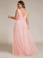 China Elegant V-neck Sleeveless Two Straps Empire A-line Plus Size Pink Lace And Tulle Bridesmaid Dress for sale