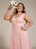 China Elegant V-neck Sleeveless Two Straps Empire A-line Plus Size Pink Lace And Tulle Bridesmaid Dress for sale