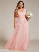 China Elegant V-neck Sleeveless Two Straps Empire A-line Plus Size Pink Lace And Tulle Bridesmaid Dress for sale