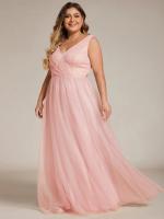 China Elegant V-neck Sleeveless Two Straps Empire A-line Plus Size Pink Lace And Tulle Bridesmaid Dress for sale