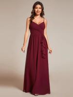 China Sexy Maxi V-neck Lotus Leaf Pleating Spaghetti Strap A-line Burgundy Chiffon Bridesmaid Dress for sale