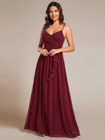 China Sexy Maxi V-neck Lotus Leaf Pleating Spaghetti Strap A-line Burgundy Chiffon Bridesmaid Dress for sale