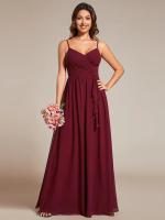 China Sexy Maxi V-neck Lotus Leaf Pleating Spaghetti Strap A-line Burgundy Chiffon Bridesmaid Dress for sale