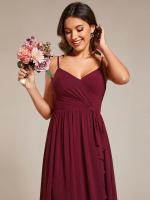 China Sexy Maxi V-neck Lotus Leaf Pleating Spaghetti Strap A-line Burgundy Chiffon Bridesmaid Dress for sale