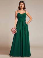 China Elegant Maxi V-neck Lotus Leaf Pleating Spaghetti Strap A-line Dark Green Chiffon Evening Dress for sale