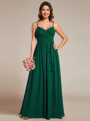 China Elegant Maxi V-neck Lotus Leaf Pleating Spaghetti Strap A-line Dark Green Chiffon Evening Dress for sale