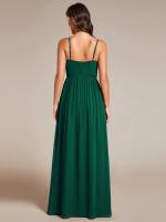 China Elegant Maxi V-neck Lotus Leaf Pleating Spaghetti Strap A-line Dark Green Chiffon Evening Dress for sale