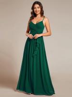 China Elegant Maxi V-neck Lotus Leaf Pleating Spaghetti Strap A-line Dark Green Chiffon Evening Dress for sale