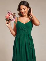 China Elegant Maxi V-neck Lotus Leaf Pleating Spaghetti Strap A-line Dark Green Chiffon Evening Dress for sale