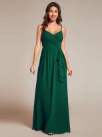 China Elegant Maxi V-neck Lotus Leaf Pleating Spaghetti Strap A-line Dark Green Chiffon Evening Dress for sale