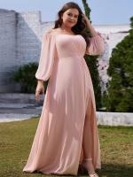 China Plus Size Ruffled Sweetheart Neck Long-sleeved High Slit Pink Chiffon Off-shoulder Bridesmaid Dresses for sale