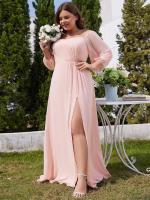 China Plus Size Ruffled Sweetheart Neck Long-sleeved High Slit Pink Chiffon Off-shoulder Bridesmaid Dresses for sale