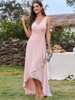 China Sexy High-low Ruffles V-neck Waist Pleating Two Straps Pink Chiffon Pleated Lotus Leaf Sleeveless Bridesmaid Dress for sale