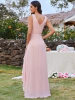 China Sexy High-low Ruffles V-neck Waist Pleating Two Straps Pink Chiffon Pleated Lotus Leaf Sleeveless Bridesmaid Dress for sale