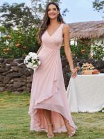 China Sexy High-low Ruffles V-neck Waist Pleating Two Straps Pink Chiffon Pleated Lotus Leaf Sleeveless Bridesmaid Dress for sale