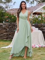 China Beautiful High-low Ruffles V-neck Waist Pleating Two Straps Mint Green Chiffon Pleated Lotus Leaf Sleeveless Evening Dre for sale