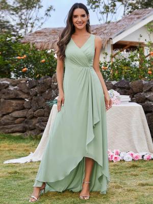 China Beautiful High-low Ruffles V-neck Waist Pleating Two Straps Mint Green Chiffon Pleated Lotus Leaf Sleeveless Evening Dre for sale
