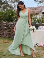 China Beautiful High-low Ruffles V-neck Waist Pleating Two Straps Mint Green Chiffon Pleated Lotus Leaf Sleeveless Evening Dre for sale